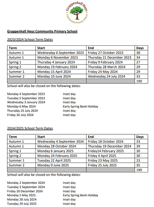 Grappenhall Heys Community Primary School - Term Dates and Opening Hours